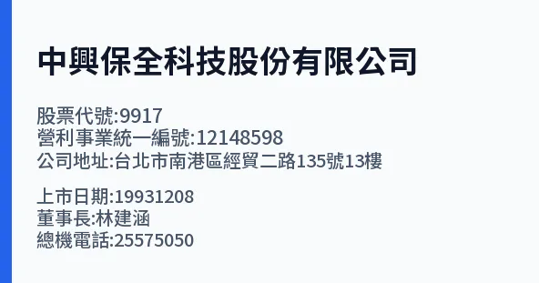 中興保全科技股份有限公司 股票代號 9917 統編 12148598 上市公司基本資料圖