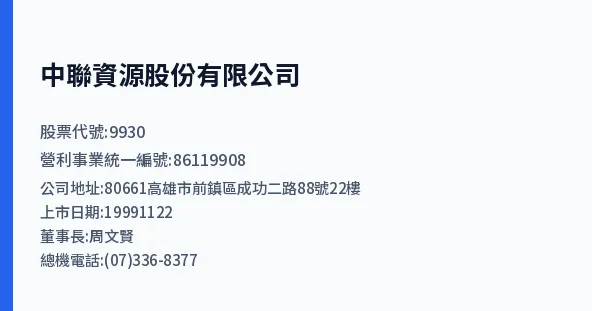 中聯資源股份有限公司 股票代號 9930 統編 86119908 上市公司基本資料圖