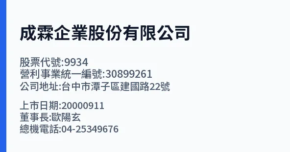 成霖企業股份有限公司 股票代號 9934 統編 30899261 上市公司基本資料圖