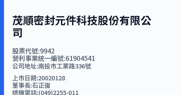 茂順密封元件科技股份有限公司 股票代號 9942 統編 61904541 上市公司基本資料圖