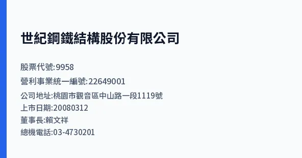 世紀鋼鐵結構股份有限公司 股票代號 9958 統編 22649001 上市公司基本資料圖