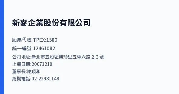 新麥企業股份有限公司 股票代號 TPEX:1580 統編 12461082 上櫃公司基本資料圖