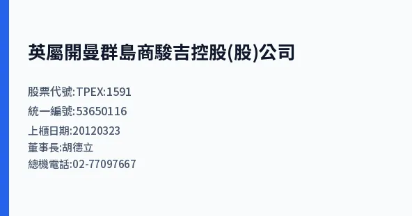 英屬開曼群島商駿吉控股(股)公司 股票代號 TPEX:1591 統編 53650116 上櫃公司基本資料圖