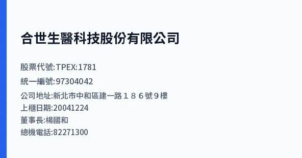 合世生醫科技股份有限公司 股票代號 TPEX:1781 統編 97304042 上櫃公司基本資料圖