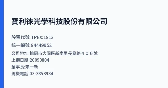 寶利徠光學科技股份有限公司 股票代號 TPEX:1813 統編 84449952 上櫃公司基本資料圖