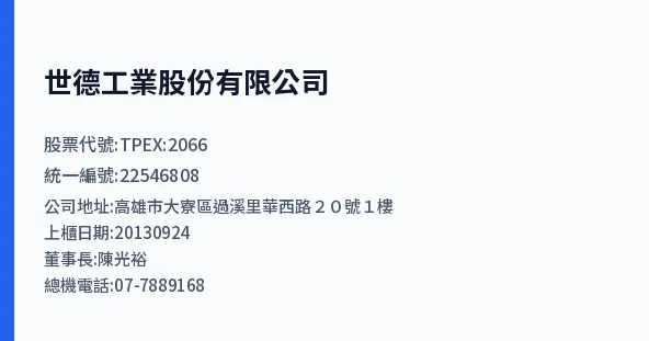 世德工業股份有限公司 股票代號 TPEX:2066 統編 22546808 上櫃公司基本資料圖