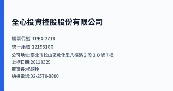 全心投資控股股份有限公司 股票代號 TPEX:2718 統編 12198180 上櫃公司基本資料圖