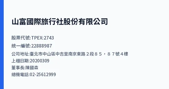 山富國際旅行社股份有限公司 股票代號 TPEX:2743 統編 22888987 上櫃公司基本資料圖