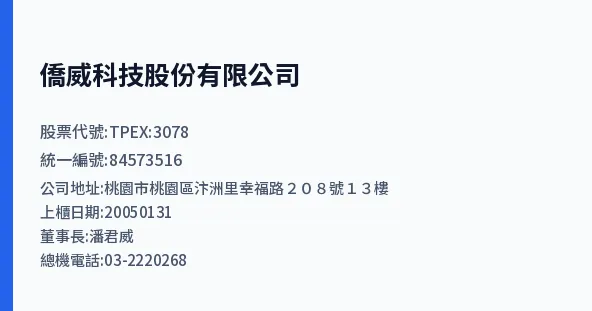 僑威科技股份有限公司 股票代號 TPEX:3078 統編 84573516 上櫃公司基本資料圖