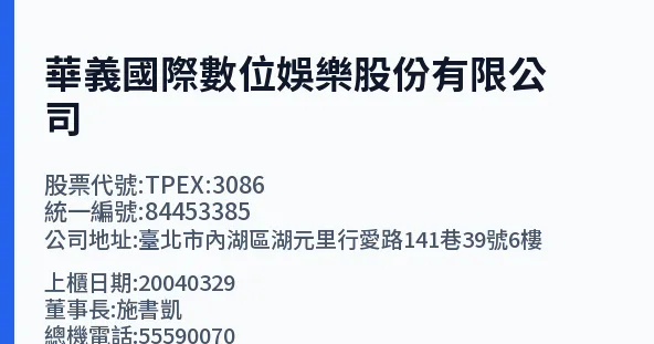華義國際數位娛樂股份有限公司 股票代號 TPEX:3086 統編 84453385 上櫃公司基本資料圖