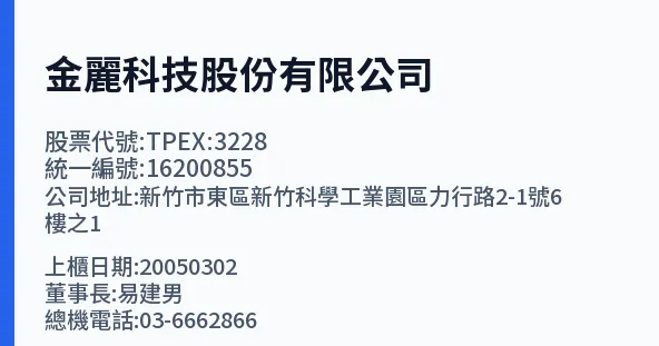 金麗科技股份有限公司 股票代號 TPEX:3228 統編 16200855 上櫃公司基本資料圖