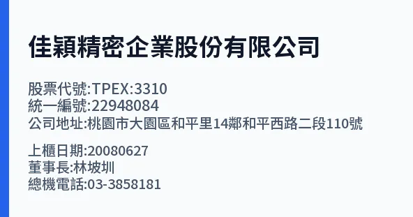 佳穎精密企業股份有限公司 股票代號 TPEX:3310 統編 22948084 上櫃公司基本資料圖