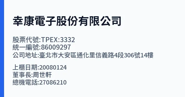 幸康電子股份有限公司 股票代號 TPEX:3332 統編 86009297 上櫃公司基本資料圖