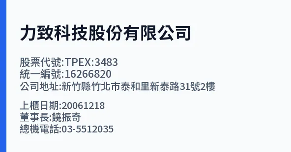 力致科技股份有限公司 股票代號 TPEX:3483 統編 16266820 上櫃公司基本資料圖