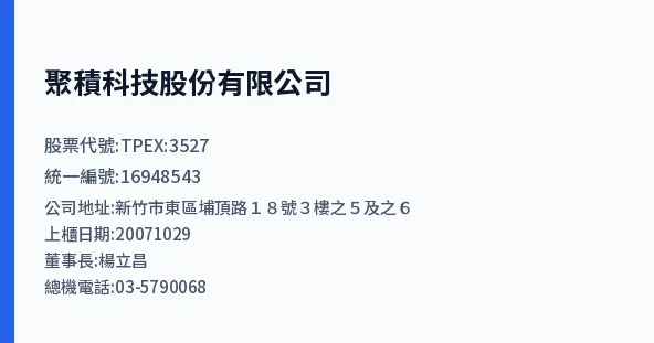 聚積科技股份有限公司 股票代號 TPEX:3527 統編 16948543 上櫃公司基本資料圖