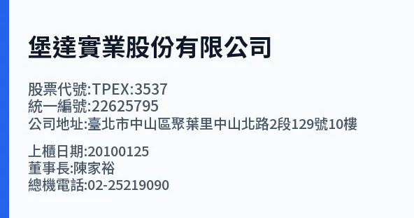 堡達實業股份有限公司 股票代號 TPEX:3537 統編 22625795 上櫃公司基本資料圖