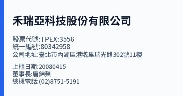 禾瑞亞科技股份有限公司 股票代號 TPEX:3556 統編 80342958 上櫃公司基本資料圖