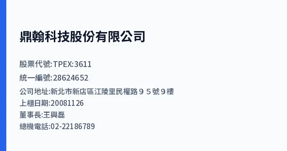 鼎翰科技股份有限公司 股票代號 TPEX:3611 統編 28624652 上櫃公司基本資料圖