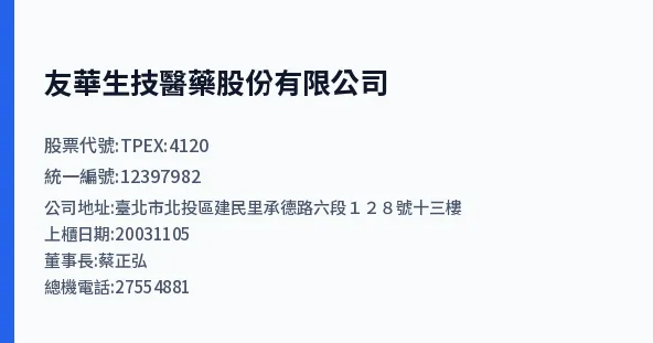 友華生技醫藥股份有限公司 股票代號 TPEX:4120 統編 12397982 上櫃公司基本資料圖