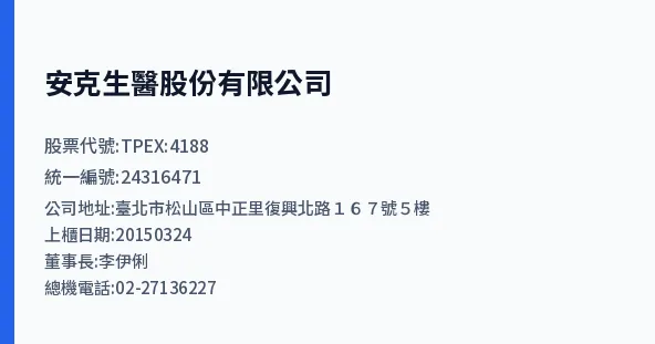 安克生醫股份有限公司 股票代號 TPEX:4188 統編 24316471 上櫃公司基本資料圖