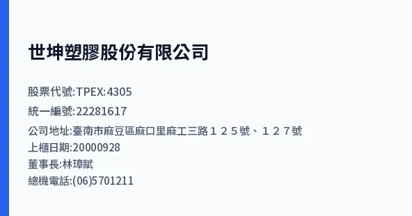 世坤塑膠股份有限公司 股票代號 TPEX:4305 統編 22281617 上櫃公司基本資料圖