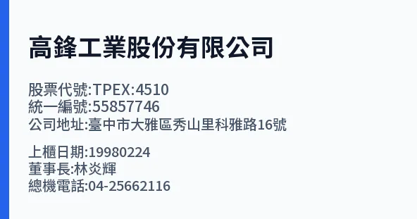 高鋒工業股份有限公司 股票代號 TPEX:4510 統編 55857746 上櫃公司基本資料圖