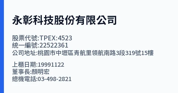 永彰科技股份有限公司 股票代號 TPEX:4523 統編 22522361 上櫃公司基本資料圖