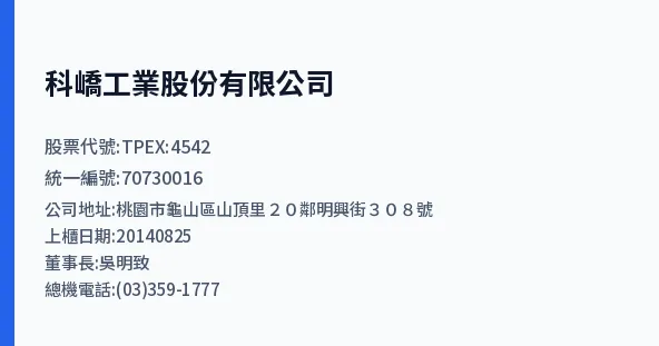 科嶠工業股份有限公司 股票代號 TPEX:4542 統編 70730016 上櫃公司基本資料圖