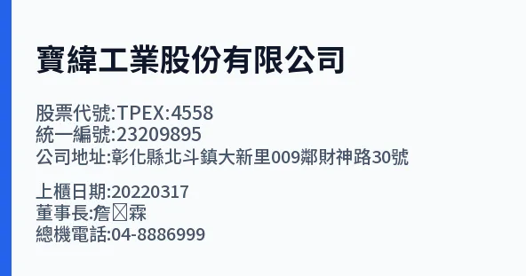 寶緯工業股份有限公司 股票代號 TPEX:4558 統編 23209895 上櫃公司基本資料圖