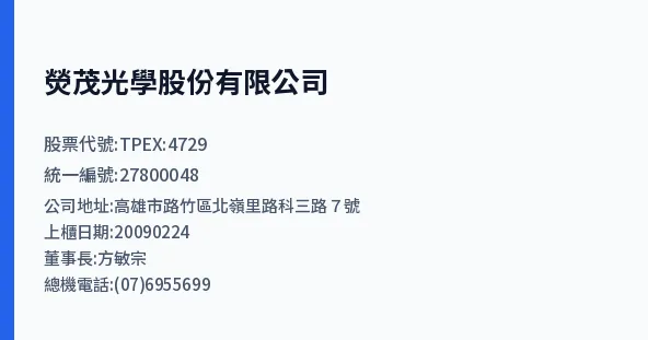 熒茂光學股份有限公司 股票代號 TPEX:4729 統編 27800048 上櫃公司基本資料圖
