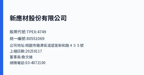新應材股份有限公司 股票代號 TPEX:4749 統編 80551069 上櫃公司基本資料圖