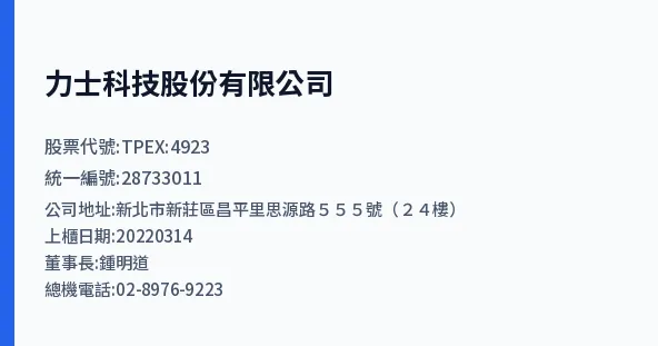 力士科技股份有限公司 股票代號 TPEX:4923 統編 28733011 上櫃公司基本資料圖
