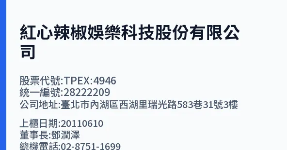 紅心辣椒娛樂科技股份有限公司 股票代號 TPEX:4946 統編 28222209 上櫃公司基本資料圖