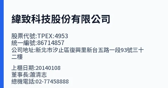緯致科技股份有限公司 股票代號 TPEX:4953 統編 86714857 上櫃公司基本資料圖