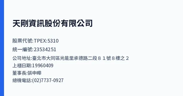 天剛資訊股份有限公司 股票代號 TPEX:5310 統編 23534251 上櫃公司基本資料圖