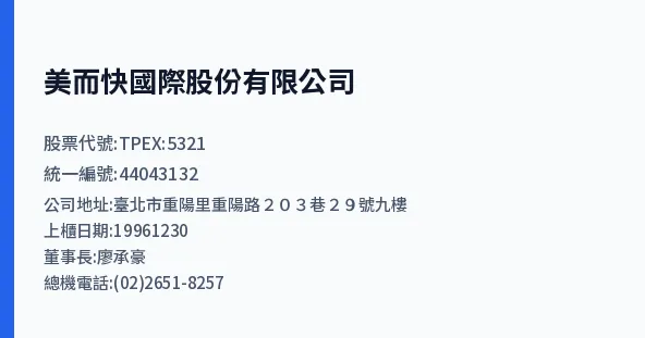 美而快國際股份有限公司 股票代號 TPEX:5321 統編 44043132 上櫃公司基本資料圖