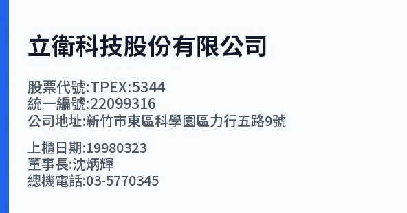 立衛科技股份有限公司 股票代號 TPEX:5344 統編 22099316 上櫃公司基本資料圖