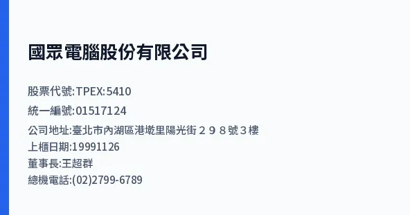 國眾電腦股份有限公司 股票代號 TPEX:5410 統編 01517124 上櫃公司基本資料圖