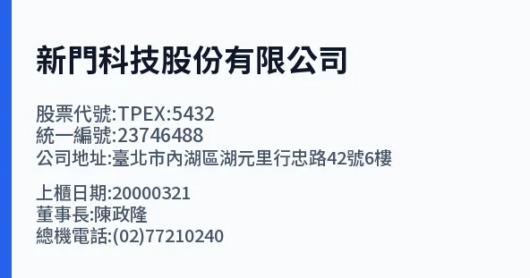 新門科技股份有限公司 股票代號 TPEX:5432 統編 23746488 上櫃公司基本資料圖
