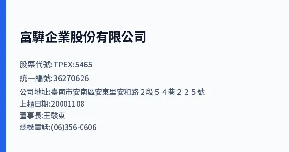 富驊企業股份有限公司 股票代號 TPEX:5465 統編 36270626 上櫃公司基本資料圖