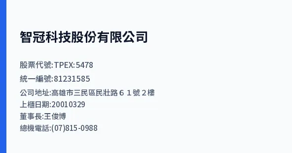 智冠科技股份有限公司 股票代號 TPEX:5478 統編 81231585 上櫃公司基本資料圖