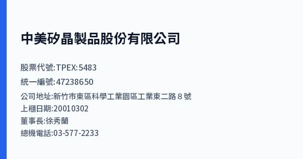 中美矽晶製品股份有限公司 股票代號 TPEX:5483 統編 47238650 上櫃公司基本資料圖