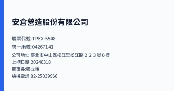 安倉營造股份有限公司 股票代號 TPEX:5548 統編 04267141 上櫃公司基本資料圖