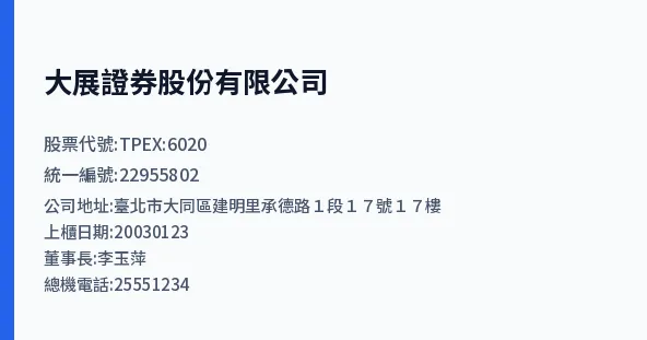 大展證券股份有限公司 股票代號 TPEX:6020 統編 22955802 上櫃公司基本資料圖