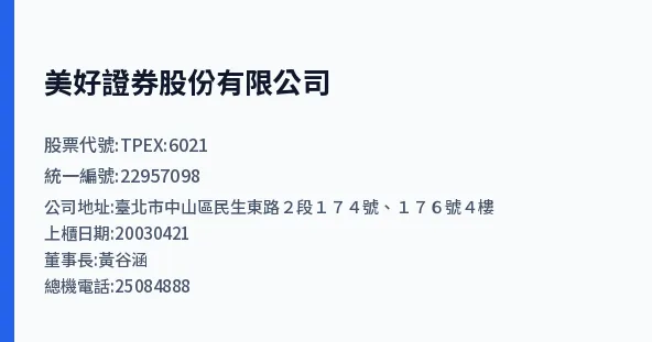 美好證券股份有限公司 股票代號 TPEX:6021 統編 22957098 上櫃公司基本資料圖
