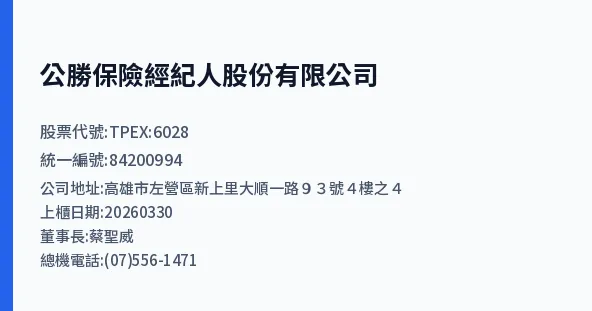 公勝保險經紀人股份有限公司 股票代號 TPEX:6028 統編 84200994 上櫃公司基本資料圖