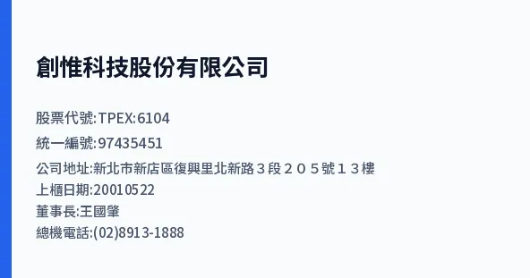 創惟科技股份有限公司 股票代號 TPEX:6104 統編 97435451 上櫃公司基本資料圖