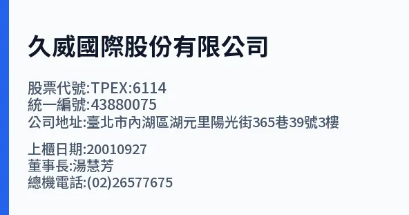 久威國際股份有限公司 股票代號 TPEX:6114 統編 43880075 上櫃公司基本資料圖