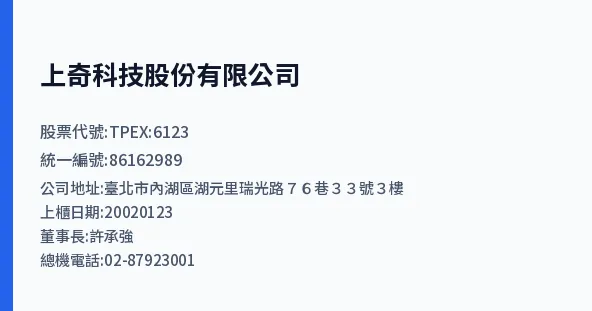 上奇科技股份有限公司 股票代號 TPEX:6123 統編 86162989 上櫃公司基本資料圖