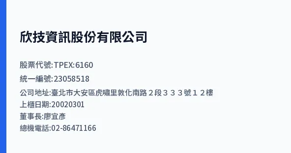欣技資訊股份有限公司 股票代號 TPEX:6160 統編 23058518 上櫃公司基本資料圖